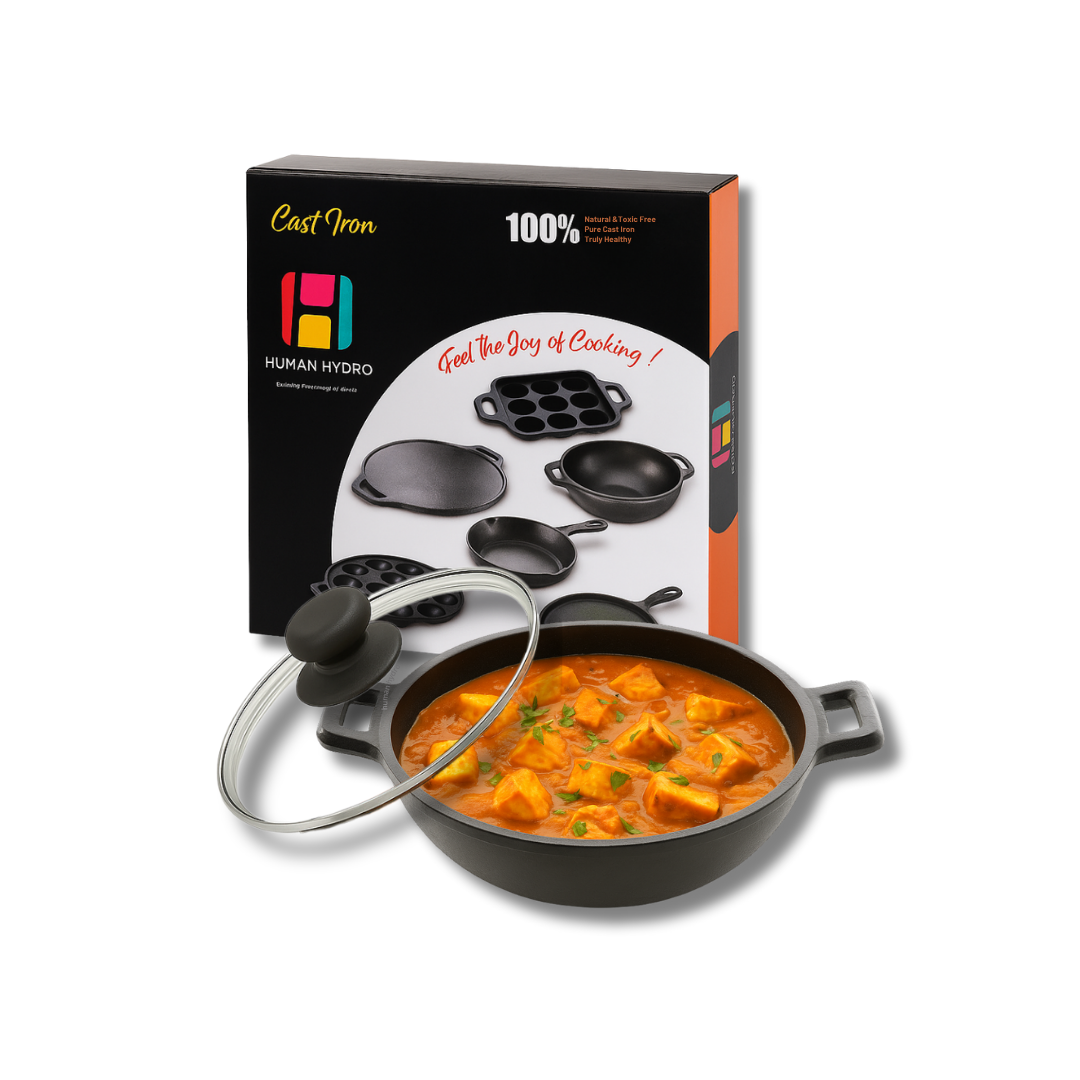 Pre-Seasoned Cast Iron Kadai with Glass Lid – 23CM